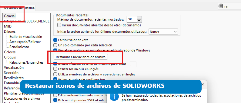 Restaurar iconos de archivos de SOLIDWORKS