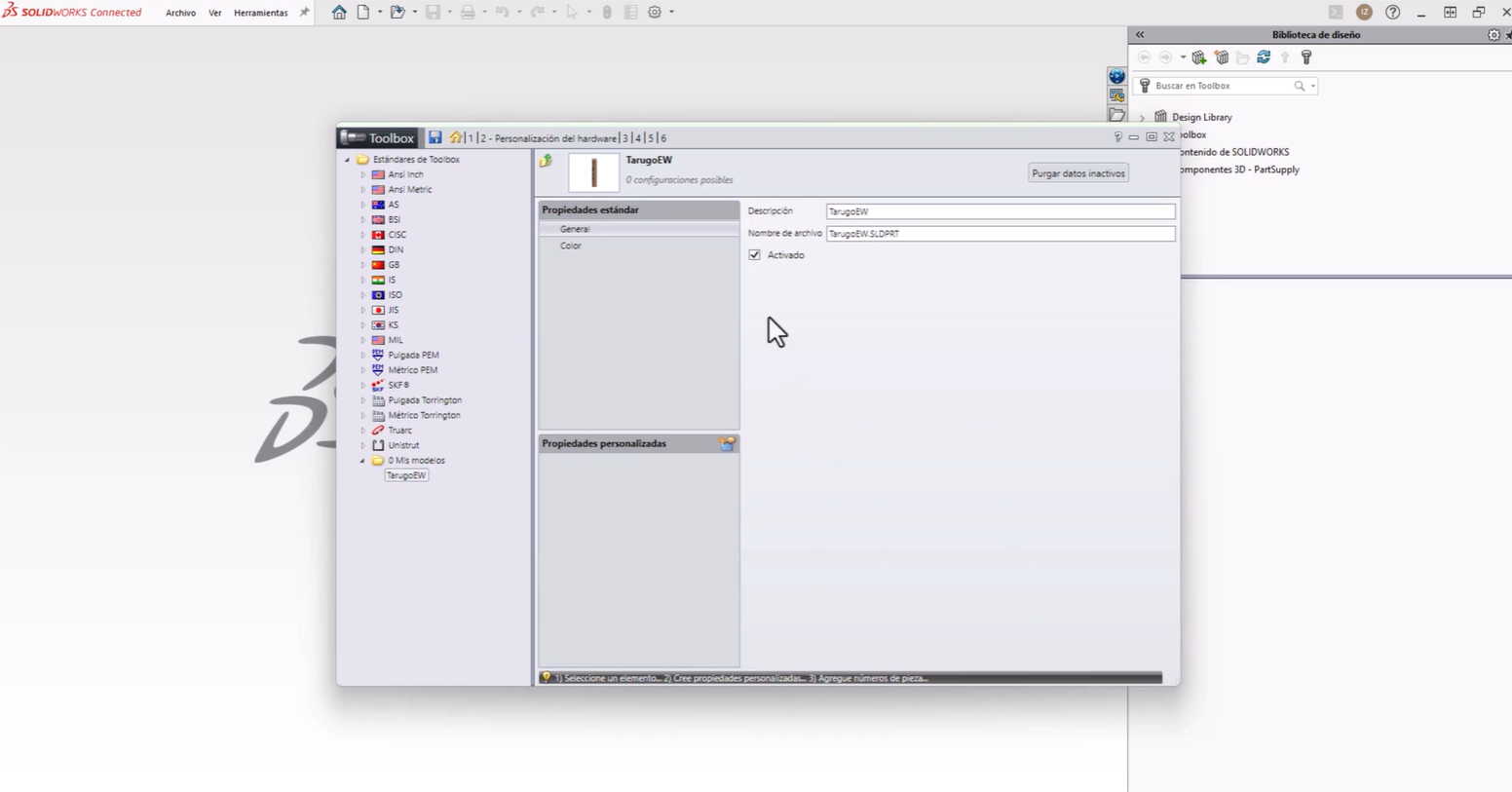 Agregar componente personalizado en Toolbox - SOLIDWORKS